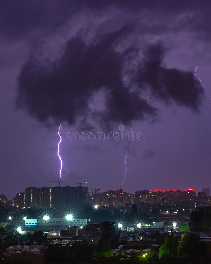 Night Thunderstorm: Lightning Strike Over the Cityscape Stock Photo ...