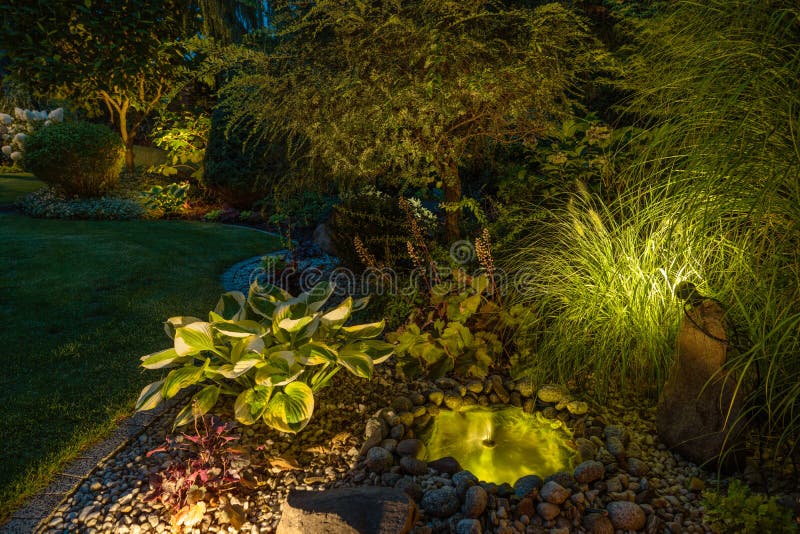 Night Time Back Yard Garden LED Illumination Stock Image - Image of ...