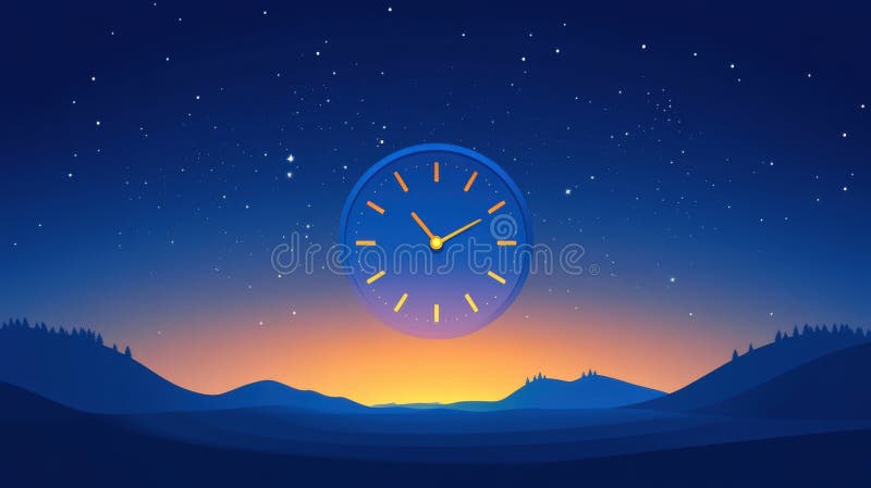 Night Time Background with Clock and Mountains. Daylight Saving ...