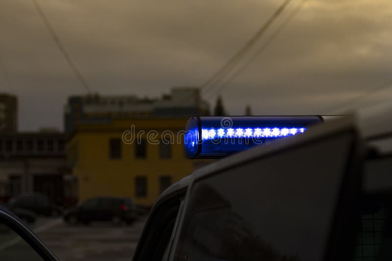 Night Time. Blue Police Car with Selective Focus and Blur Bokeh Stock ...