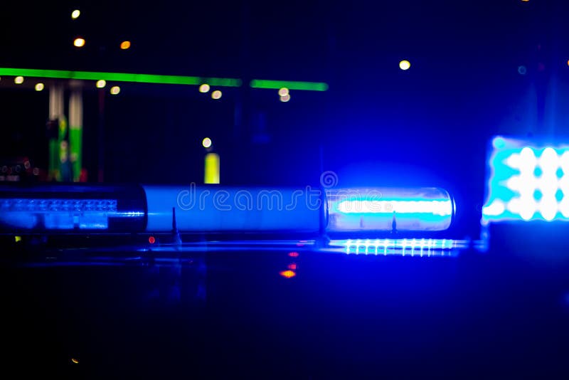 Night Time. Blue Police Car with Selective Focus and Blur Bokeh Stock ...