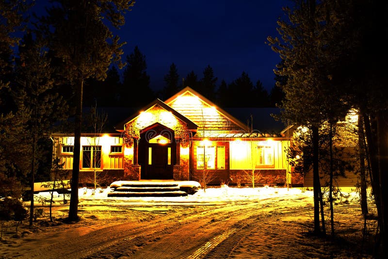 Night Time Cabin in the Woods Wilderness Lights Glowing Warmth Stock ...