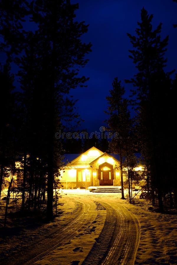 Night Time Cabin in the Woods Wilderness Lights Glowing Warmth Stock ...