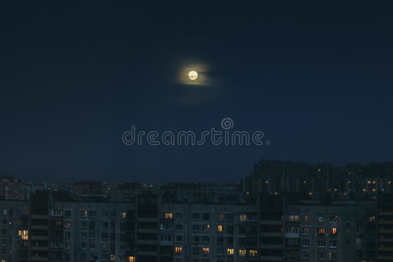 Night-time Cityscape with Full-moon in the Sky. Stock Image - Image of ...