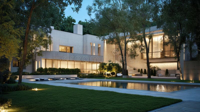 A Night-time 3D Rendering of a House with a Flat Roof and Concrete ...