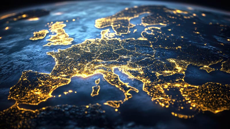 Night Time Illuminated Europe Map Stock Photo - Image of infrastructure ...