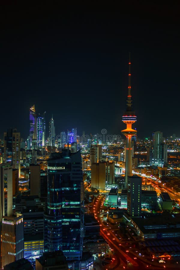 Night Time in the Kuwait City - Illuminated Kuwait City Skyline at ...