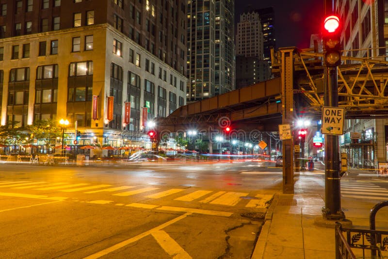 Night Time Long Exposure of Busy Downtown Chicago Intersection Stock ...