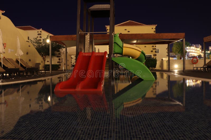 Night Time Over the Swimming Pools in a Tenerife Resort Stock Image ...
