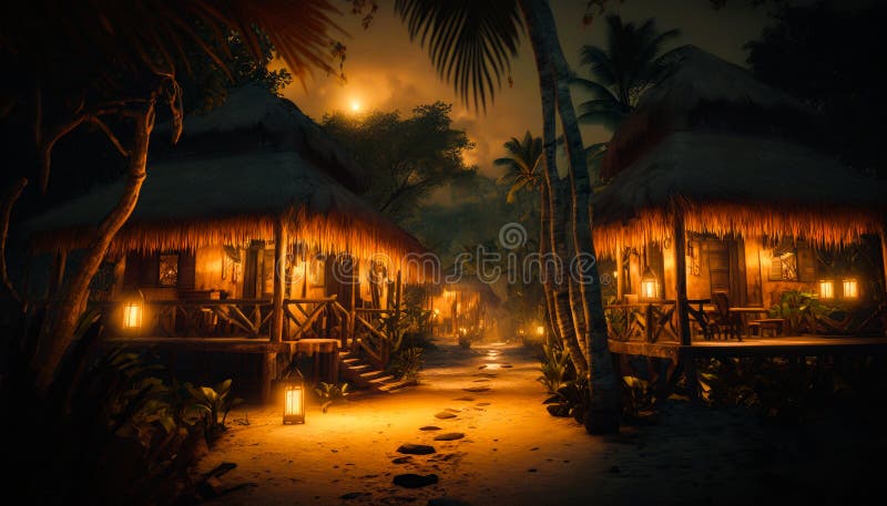 Night Time Scene of Tropical Resort Generative AI Stock Illustration ...