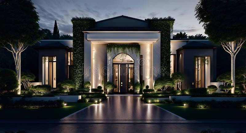 A Modern Luxurious Villa at Night Created with Generative AI Technology ...