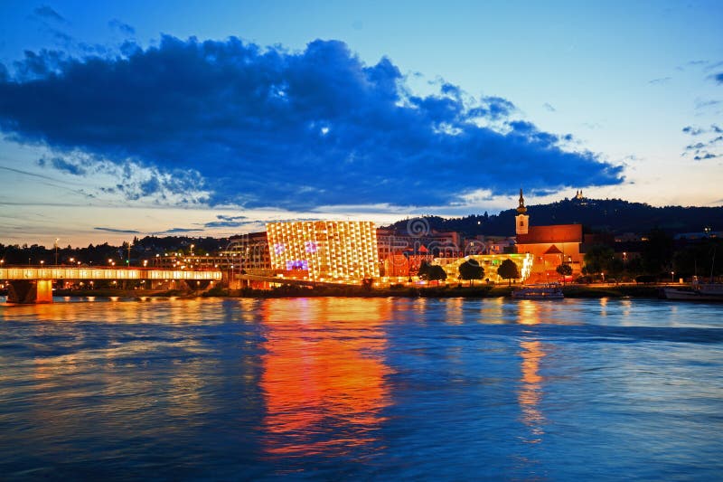 Night Time View of Vienna Overlooking the River Danube with Buildings ...