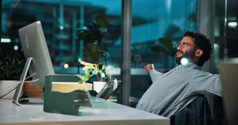 Night, Tired and Man with Computer, Burnout and Fatigue with ...