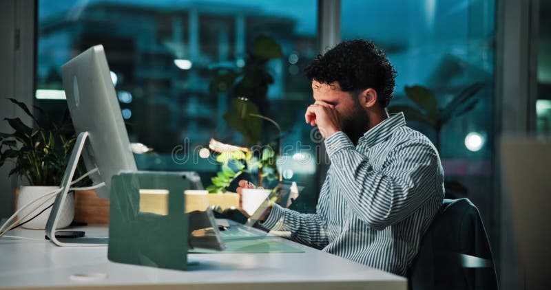 Night, Tired and Man with Computer, Business and Fatigue with ...