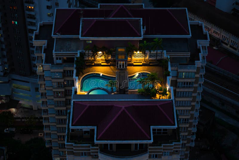 Night Top View of a Multi-storey Residential Complex with a Rooftop ...