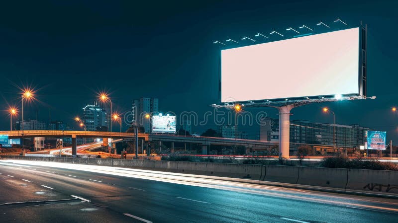 Night Town Setting with a Blank White Highway Billboard Mockup for ...