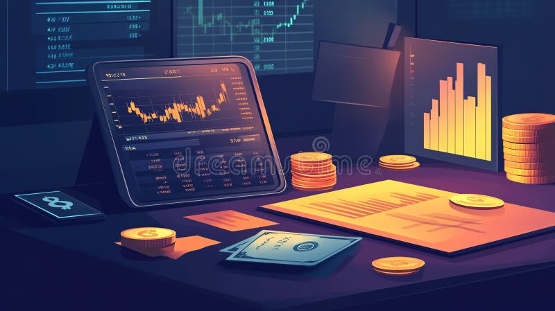 Night Trading Desk Illustration Stock Photo - Image of graphs, platform ...
