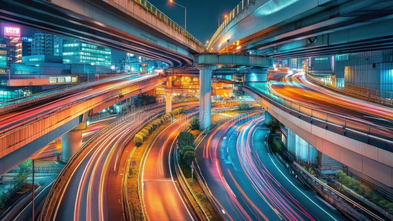 Night Traffic Flows through Tokyos Complex Highway System. AI Generated ...
