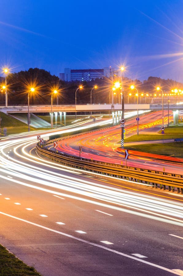 Night Traffic with Light Trails on Highway Interchange Stock Image ...