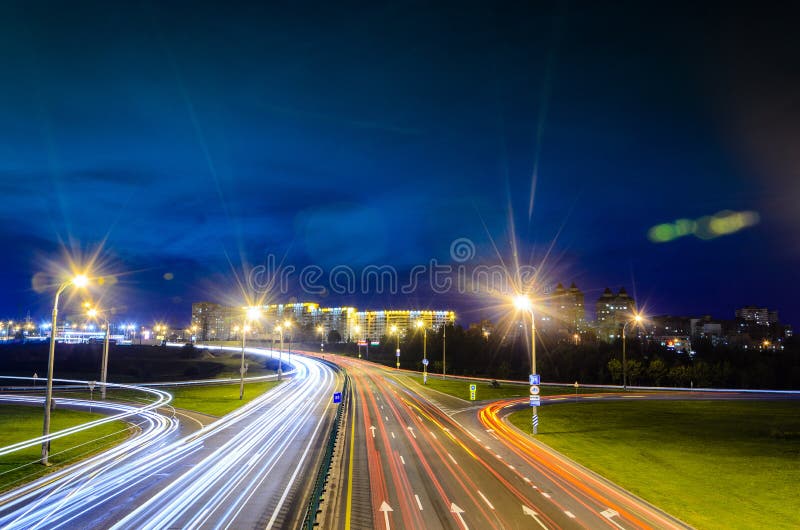 Night Traffic with Light Trails on Highway Interchange Stock Image ...