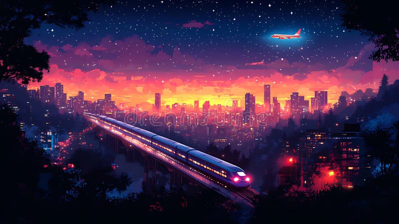 Night Train Cityscape, Elevated Track, Plane, Sunset Stock Illustration ...