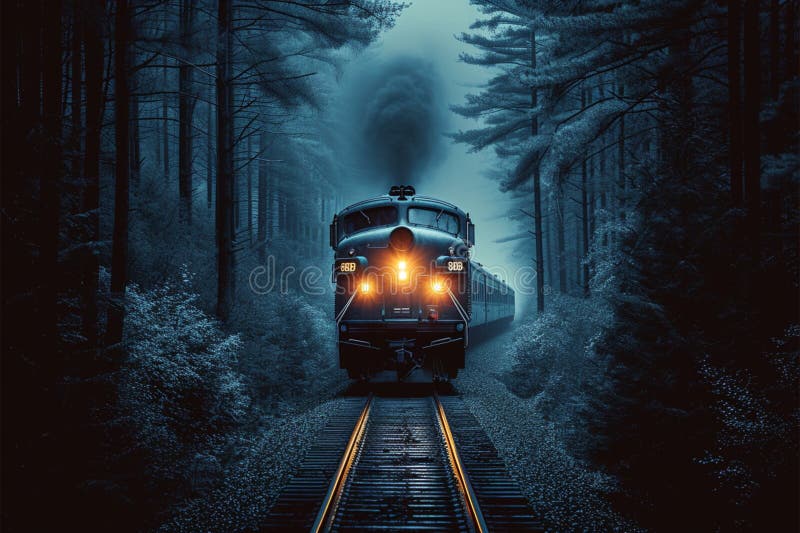 Night Train Illuminates Forest Landscape with Its Headlights ...