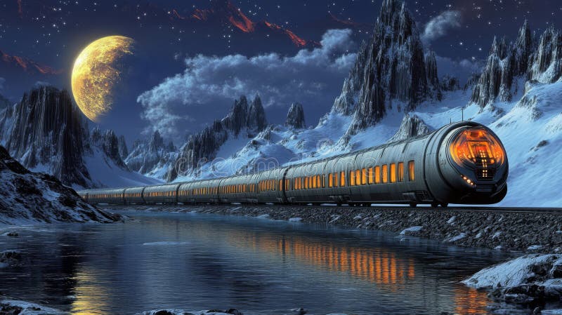 Night Train Journey through Snowy Mountains Stock Illustration ...