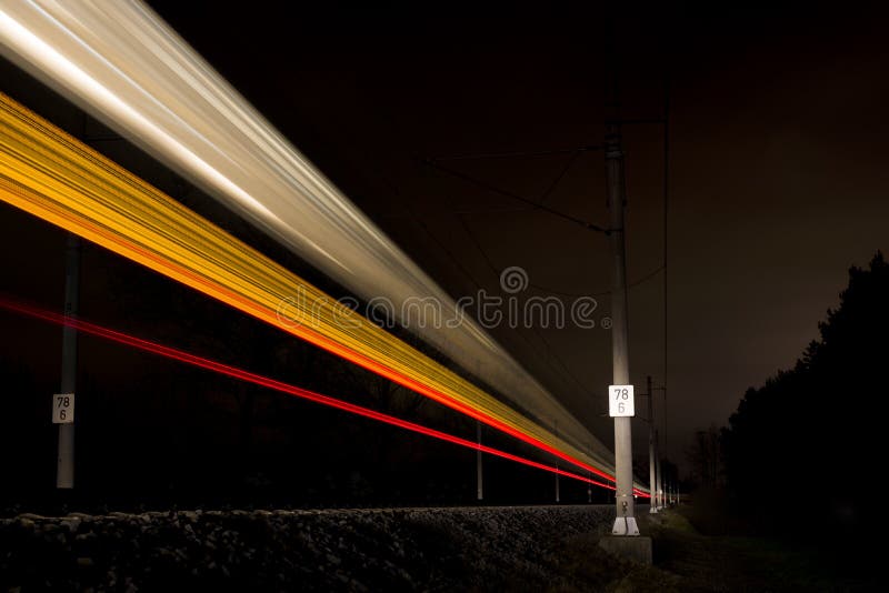 Night Train Light Marks Passing by. High Speed Long Exposure Stock ...