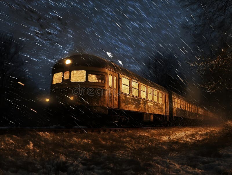 Night Train in Motion, Rain, Dark Environment, Dramatic Lighting Stock ...