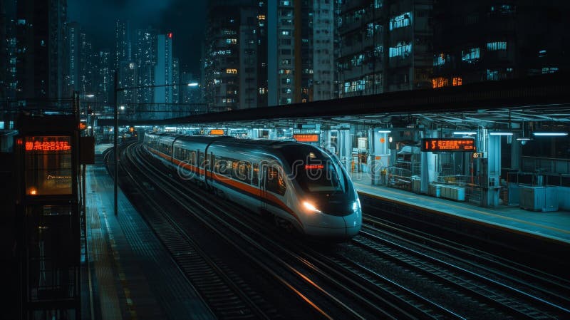Night Train Passing through Cityscape Underneath Elevated Structure ...