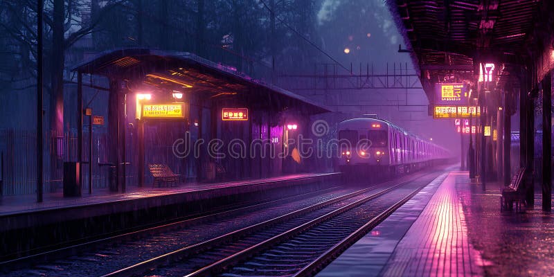 Night Train in Purple Cityscape Rainy Winter Scene Stock Illustration ...