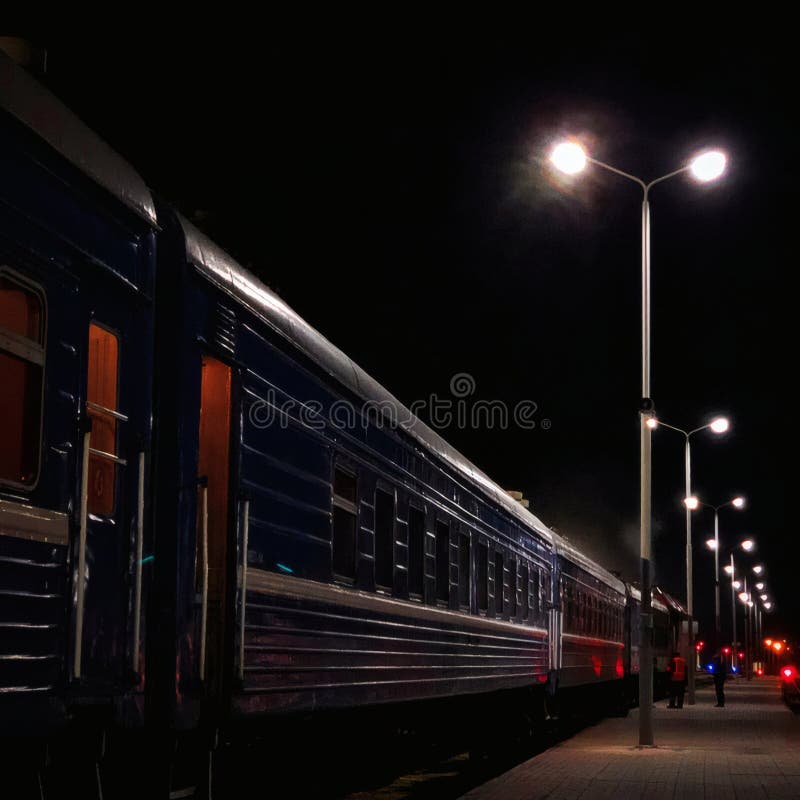 Night Train at a Station Platform with Bright Lights Stock Photo ...