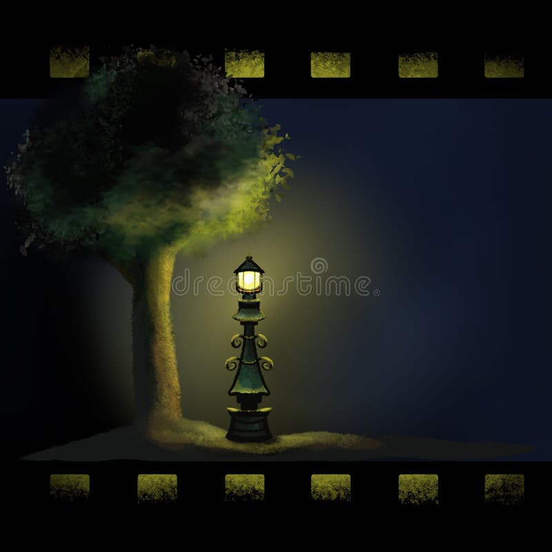 Street Light and Tree in Black Background, Film Negative Design, Night ...