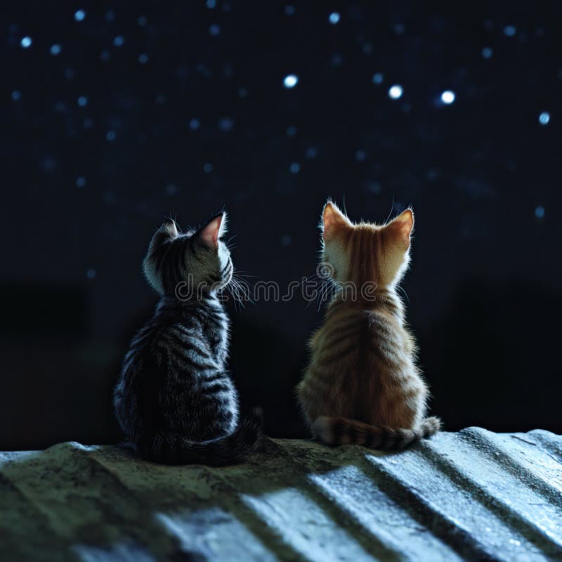 At Night, Two Different Kittens Sit on the Roof Stock Illustration ...