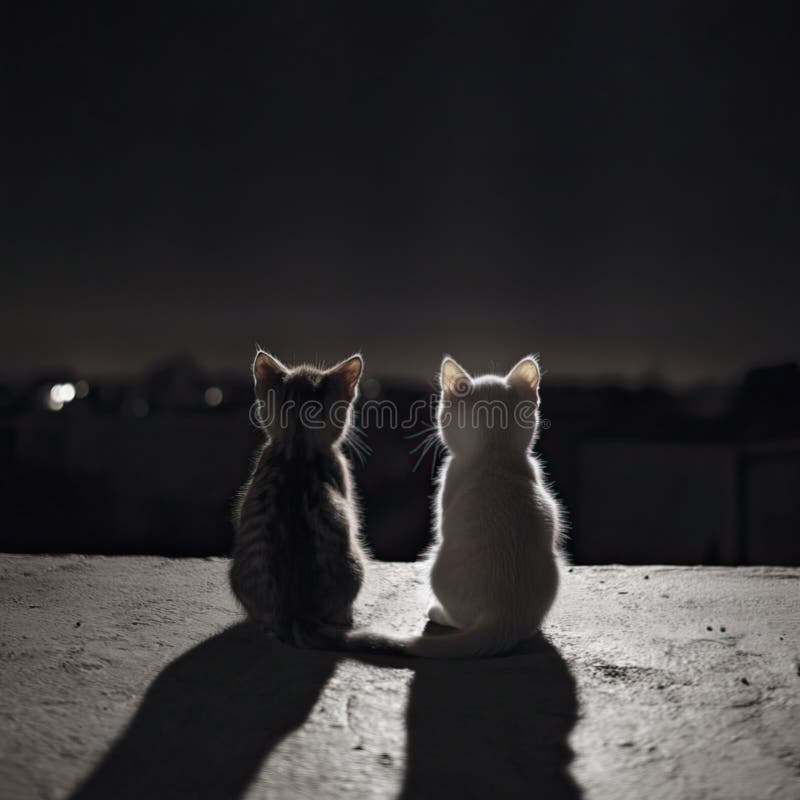 At Night, Two Different Kittens Sit on the Roof Stock Illustration ...