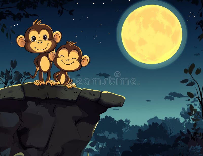 At Night, Two Monkeys Wave from a Cliff Stock Image - Image of tree ...