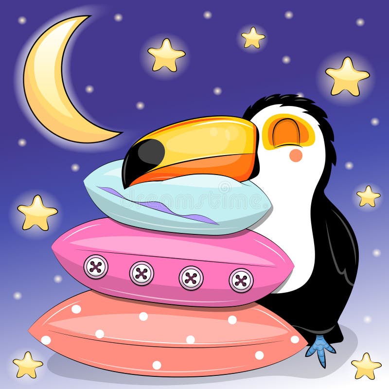Cute Cartoon Toucan is Sleeping on the Pillows. Stock Illustration ...