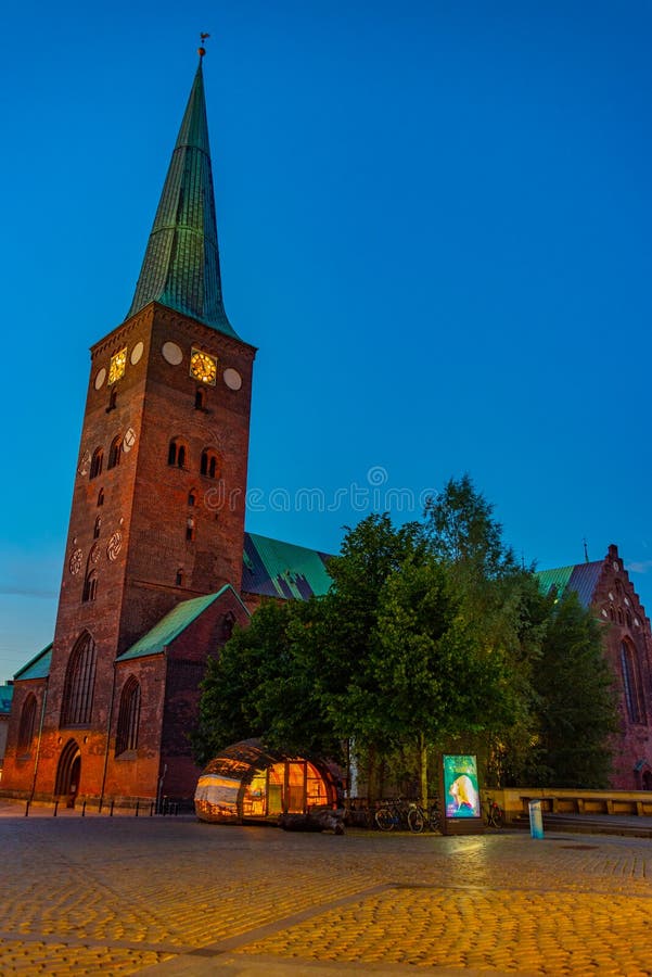 Night View of Aarhus Cathedral in Denmark Stock Image - Image of house ...