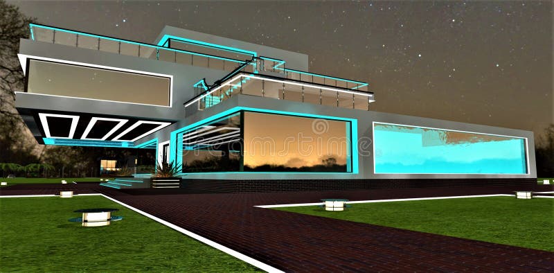 Night View of the Advanced Upscale Home with Swimming Pool Inside ...
