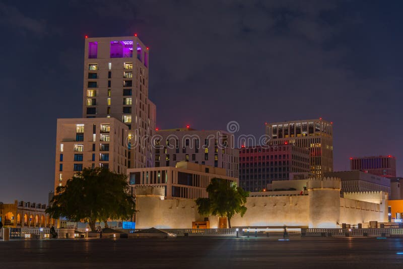 Night View of Al Koot Fort at Doha, Qatar Stock Photo - Image of ...