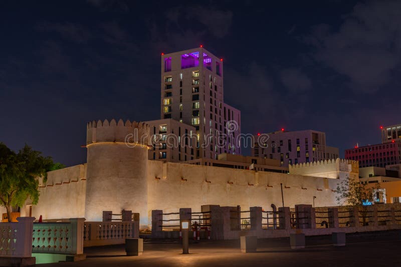Night View of Al Koot Fort at Doha, Qatar Stock Image - Image of waqif ...