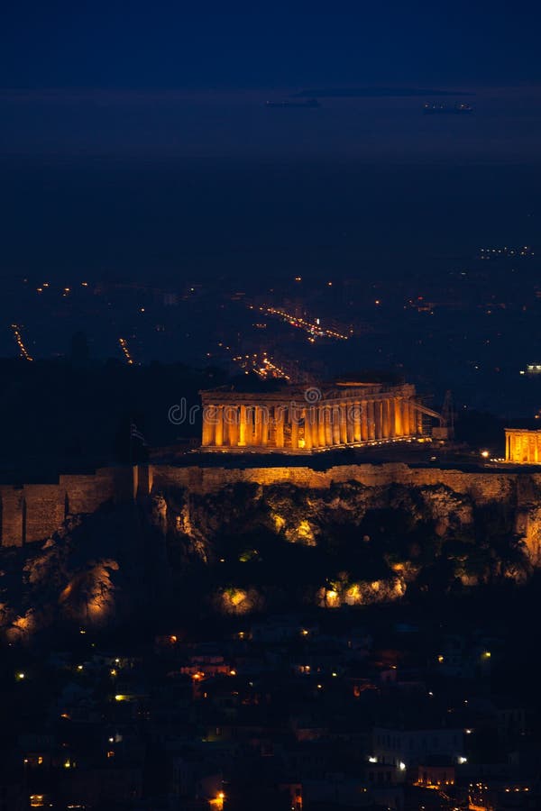 Night View of Athens with Parthenon Temple, Greece Stock Image - Image ...