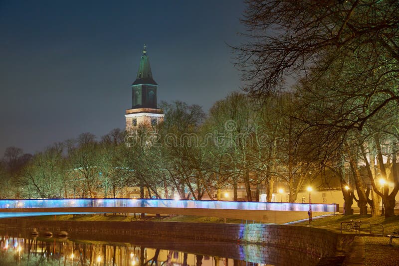 The Night View of Aura River in Turku, Finland. Stock Image - Image of ...