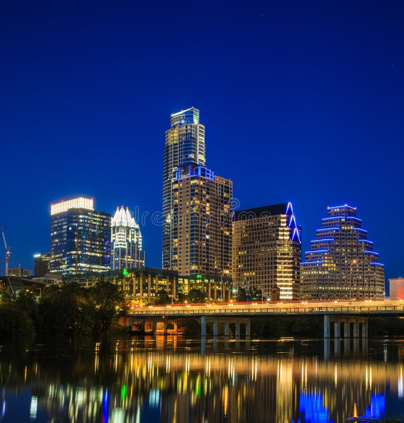 Austin Downtown Skyline By The River At Night, Texas Stock Photo ...