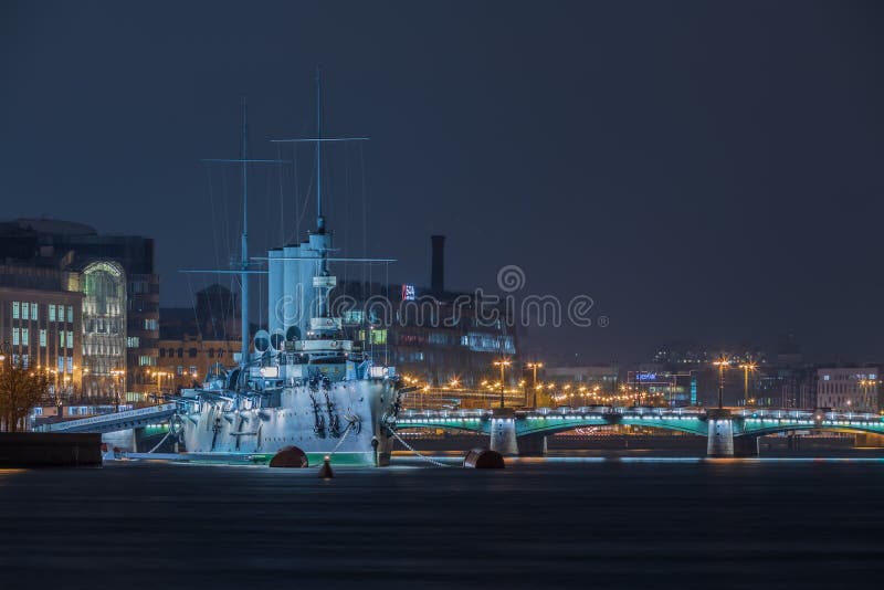 Night View of the Avrora Cruiser - a Museum Ship Editorial Photo ...