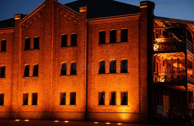 Night View of Brick Warehouse Stock Image - Image of view, facade ...