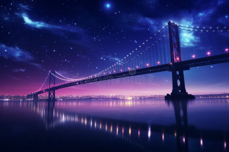 Night View of the Bridge Illuminated with Bright Lights. Generative AI ...