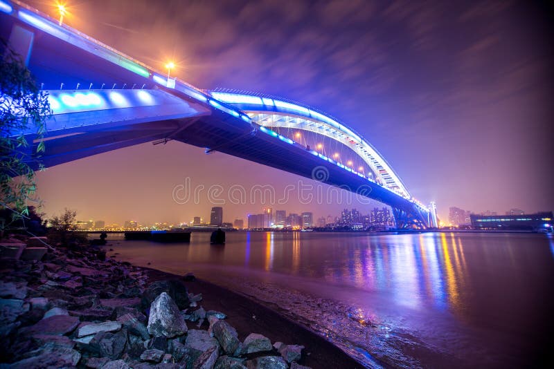 Night view of the bridge stock photo. Image of neon, beautiful - 36198740