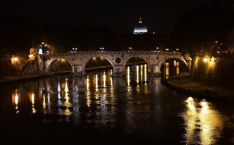 Night View of the Bridge and Tiber Stock Photo - Image of reflection ...