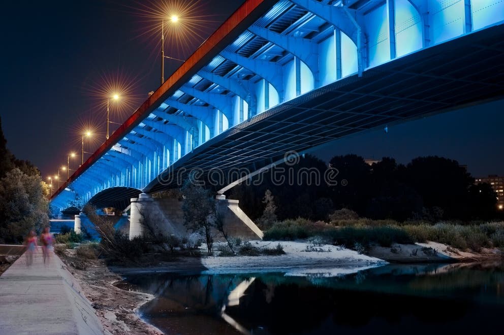 Night View of Bridge in Warsaw Stock Photo - Image of railing, river ...